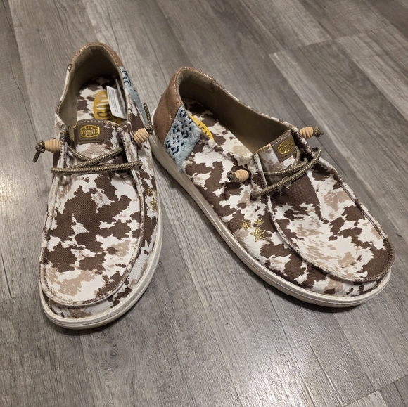 Hey Dude | Shoes | Hey Dude Cow Print Shoes In Brown And White | Poshmark